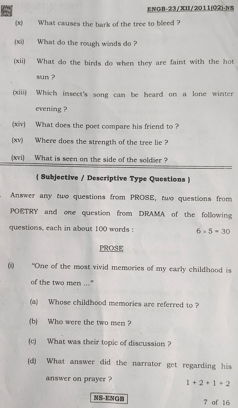HS English Question Paper 2023